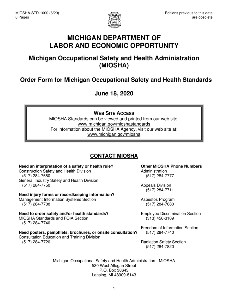 Form MIOSHA-STD-1000 - Fill Out, Sign Online and Download Printable PDF ...