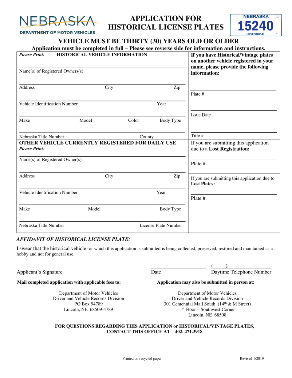 Nebraska Historical/Vintage Plate Application - Fill Out, Sign Online ...