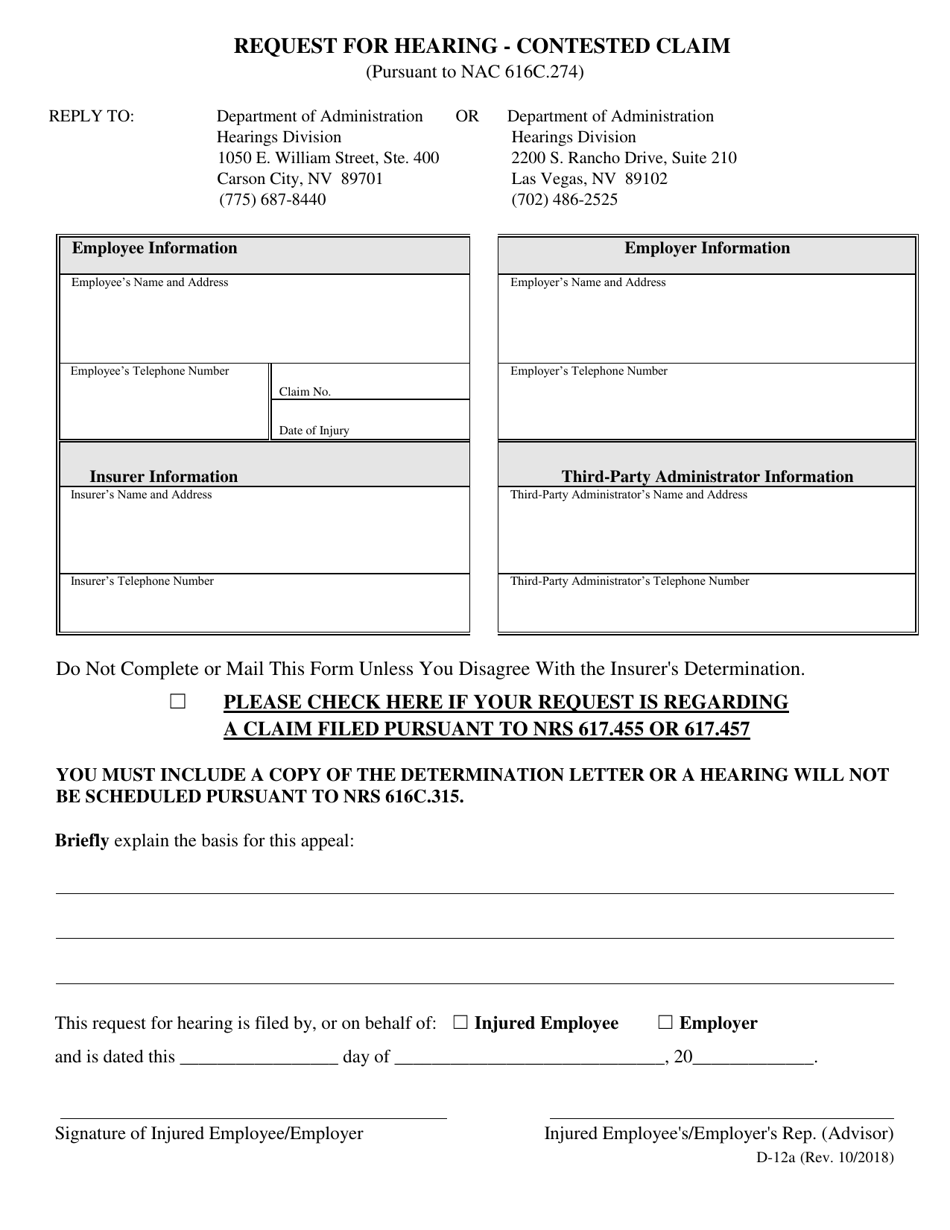 Form D-12A - Fill Out, Sign Online and Download Printable PDF, Nevada ...