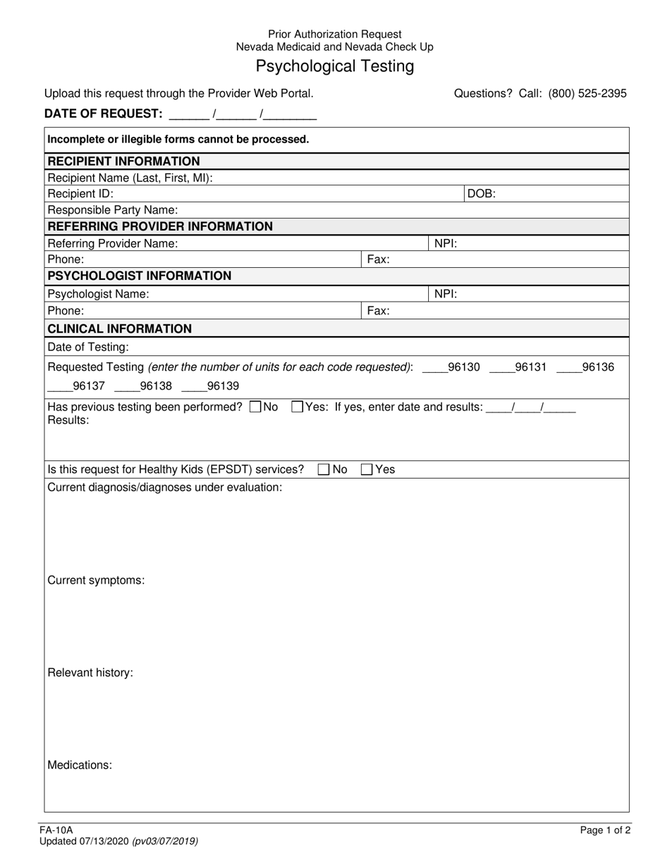 Form FA-10A - Fill Out, Sign Online and Download Fillable PDF, Nevada ...