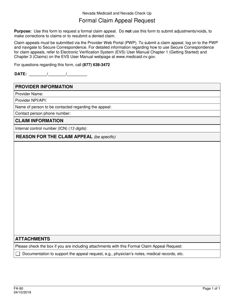 Form FA-90 - Fill Out, Sign Online and Download Fillable PDF, Nevada ...
