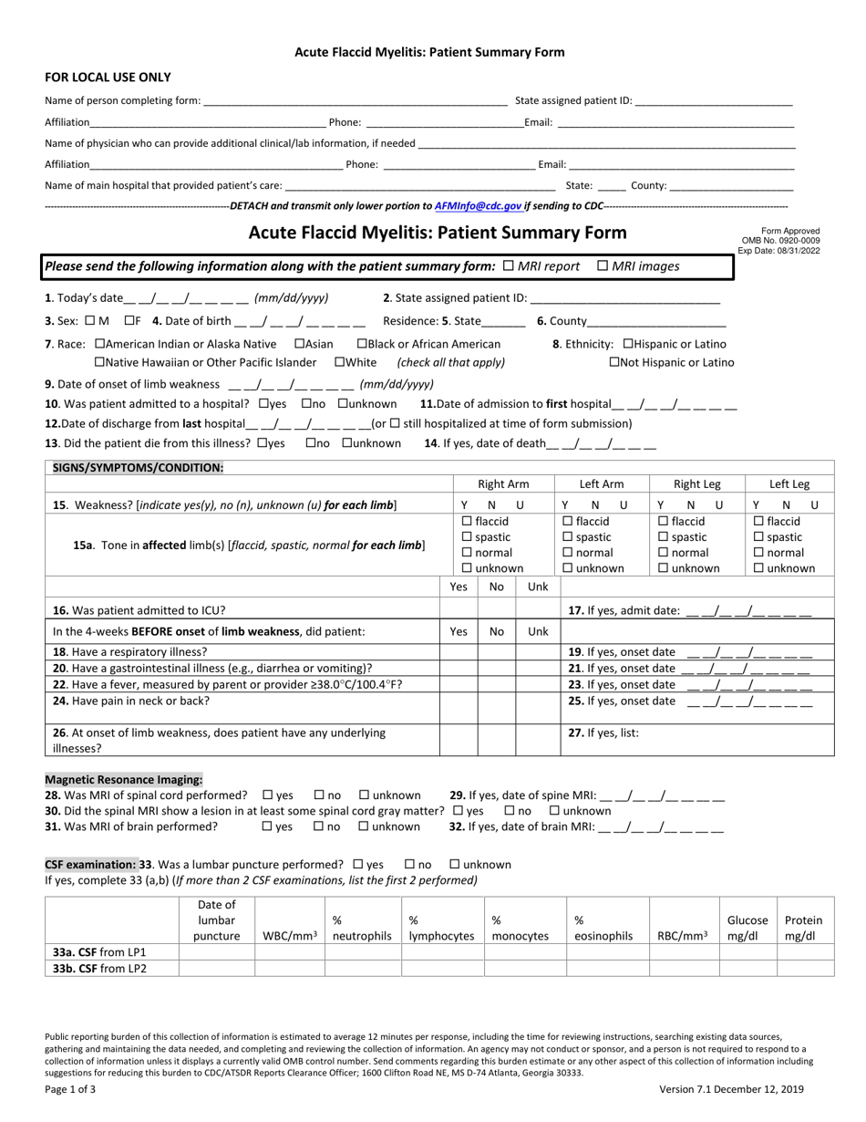 Acute Flaccid Myelitis: Patient Summary Form - Fill Out, Sign Online and Download PDF ...