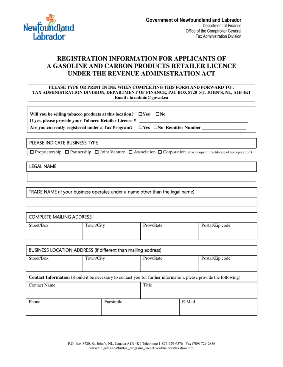 Newfoundland and Labrador Canada Registration Information for ...