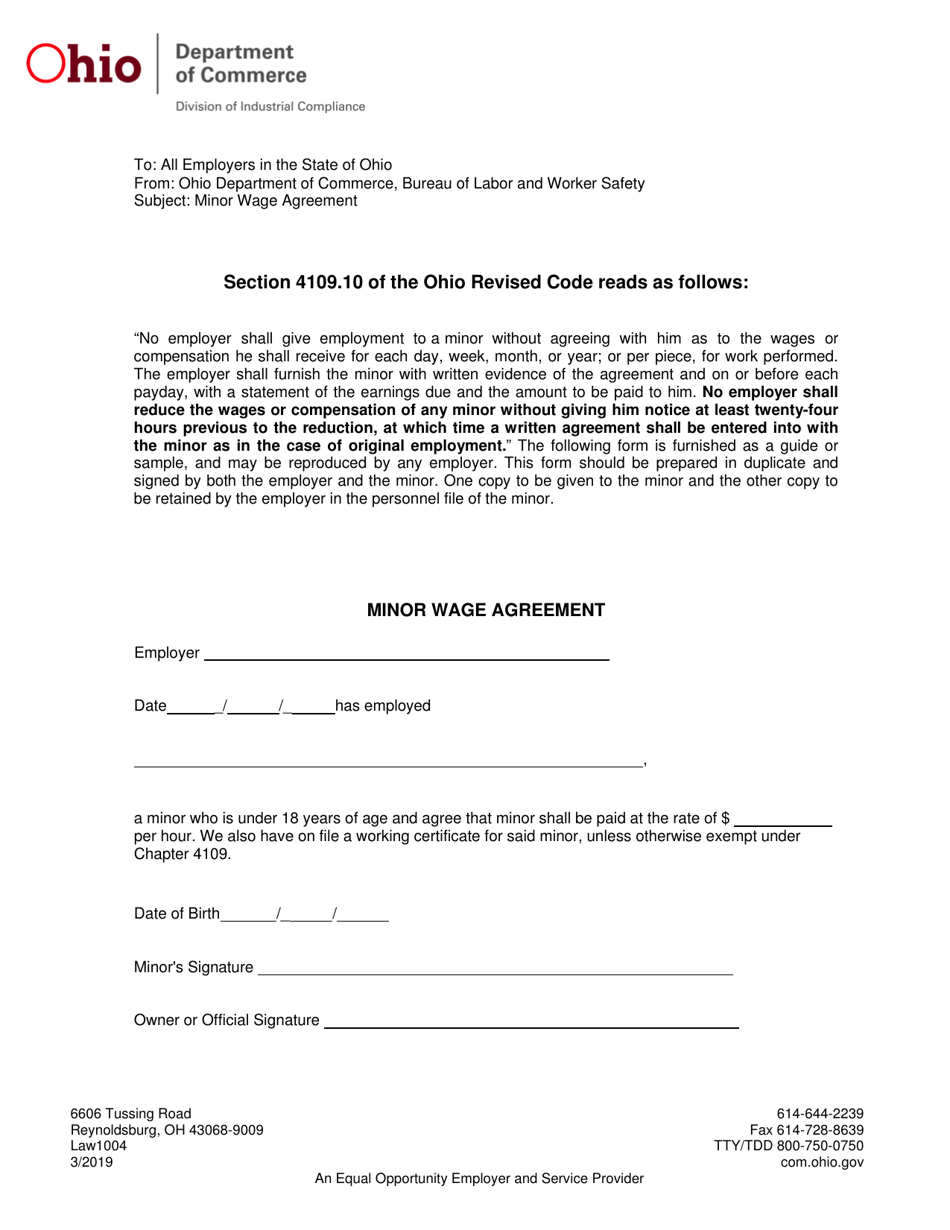 Ohio Minor Wage Agreement - Fill Out, Sign Online and Download PDF ...