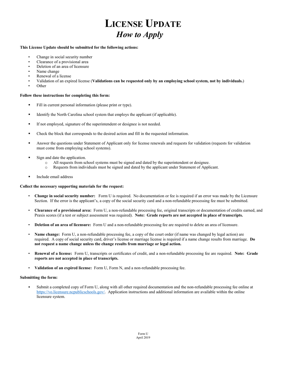 Form U - Fill Out, Sign Online and Download Printable PDF, North ...