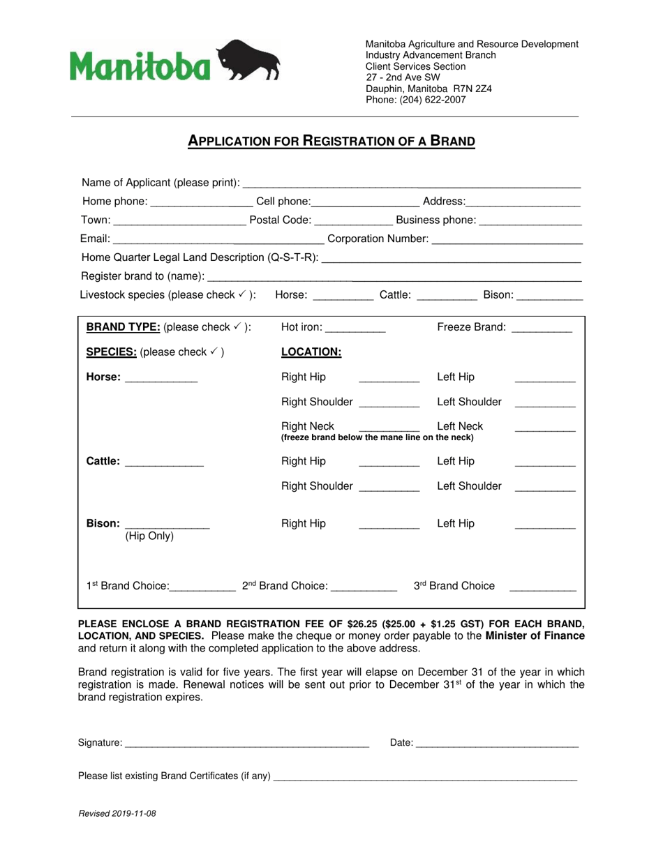 Manitoba Canada Application for Registration of a Brand - Fill Out ...