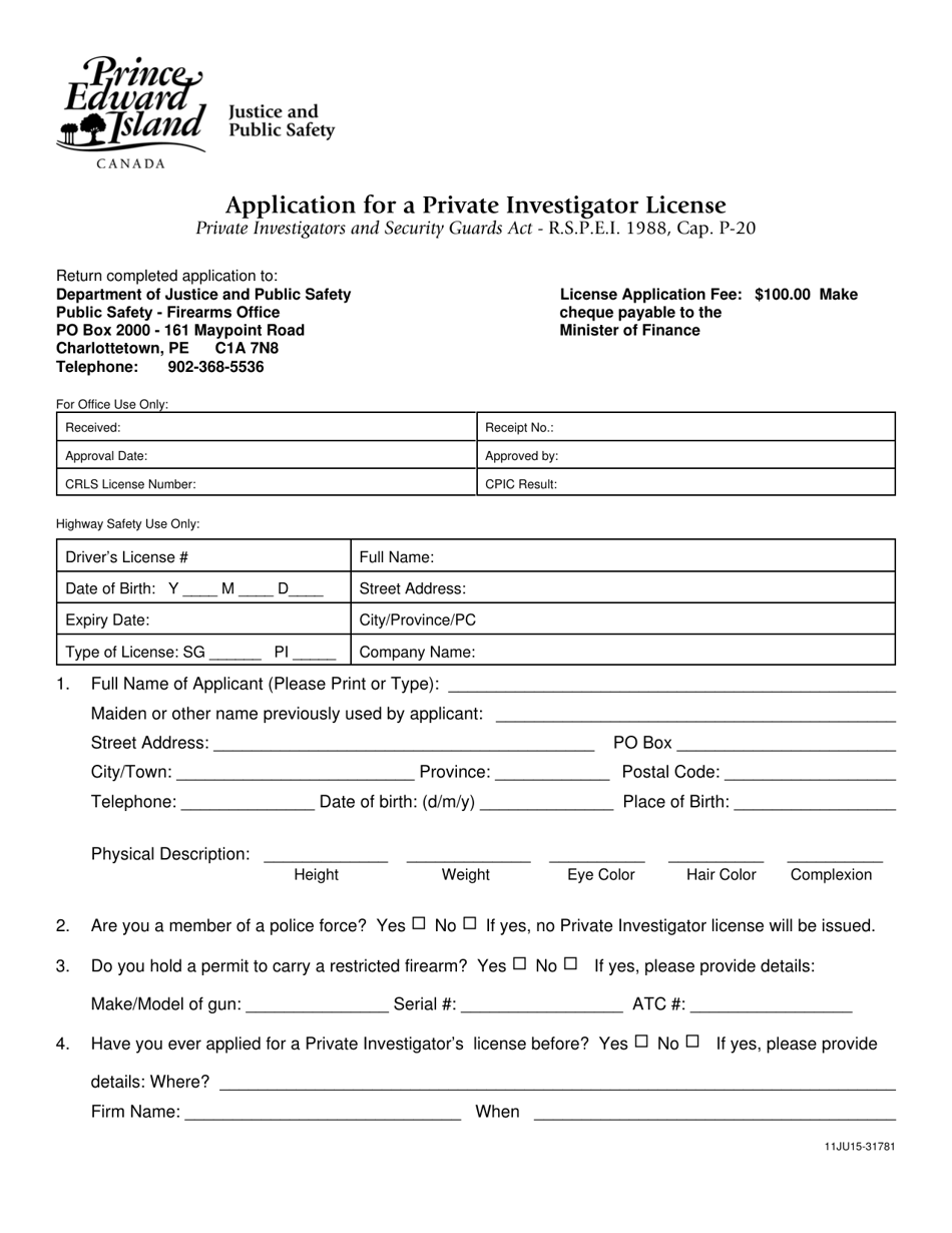 Prince Edward Island Canada Application for a Private Investigator ...