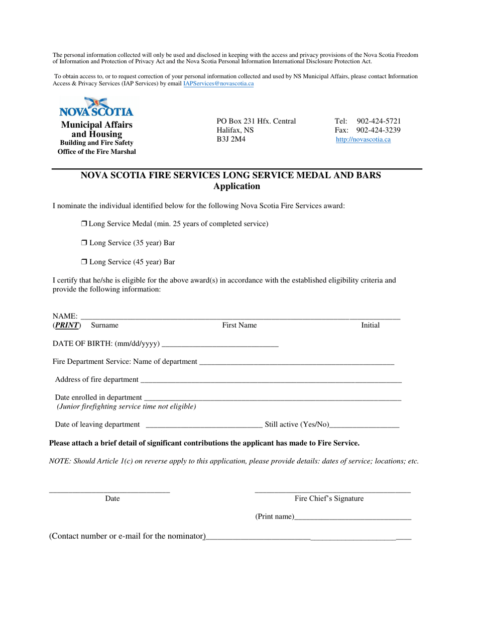 Nova Scotia Canada Nova Scotia Fire Services Long Service Medal and Bars Application - Fill Out ...
