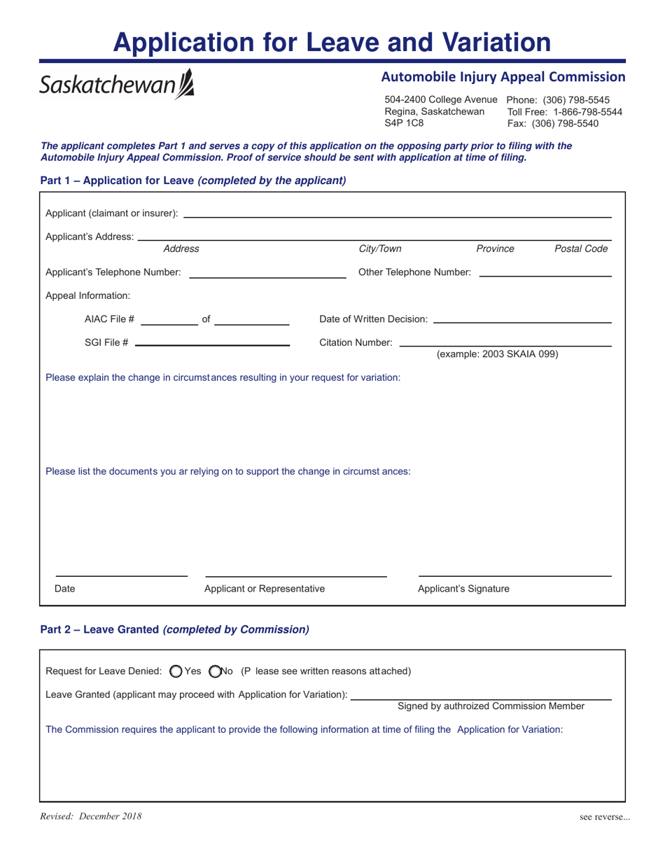 Saskatchewan Canada Application for Leave and Variation - Fill Out ...