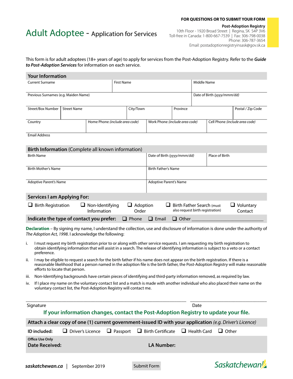 Saskatchewan Canada Application for Services - Adult Adoptee - Fill Out ...