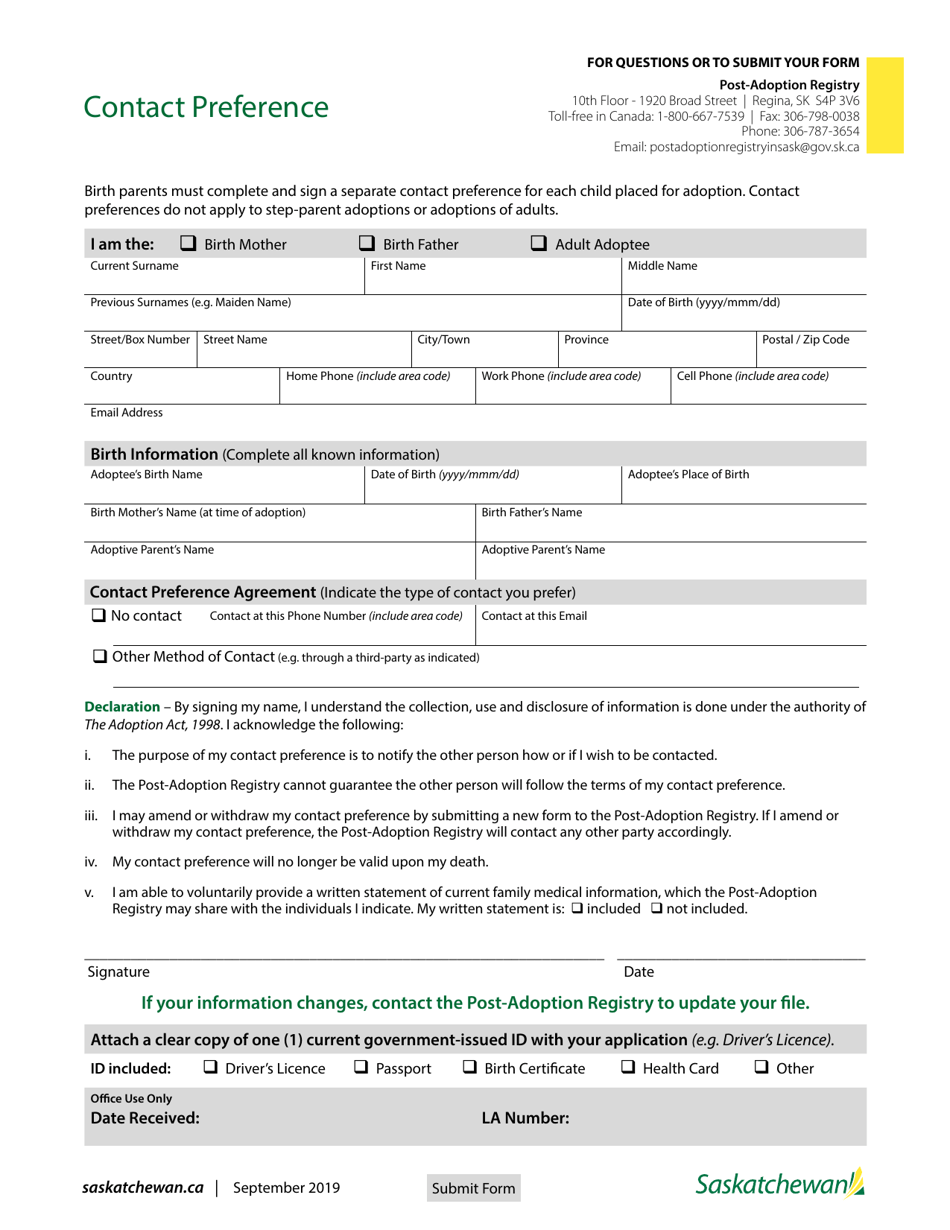 Saskatchewan Canada Contact Preference - Fill Out, Sign Online and ...