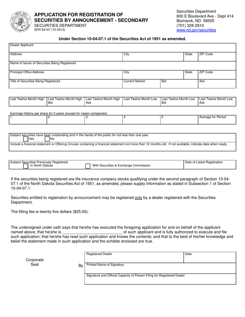 Form SFN54147 Download Fillable PDF or Fill Online Application for ...