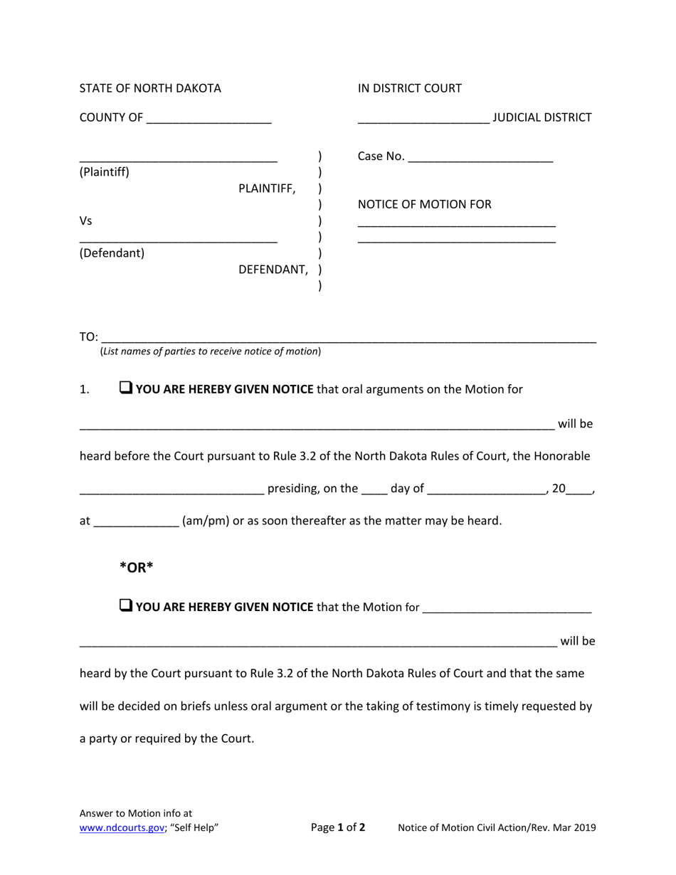 North Dakota Notice of Motion - Fill Out, Sign Online and Download PDF | Templateroller