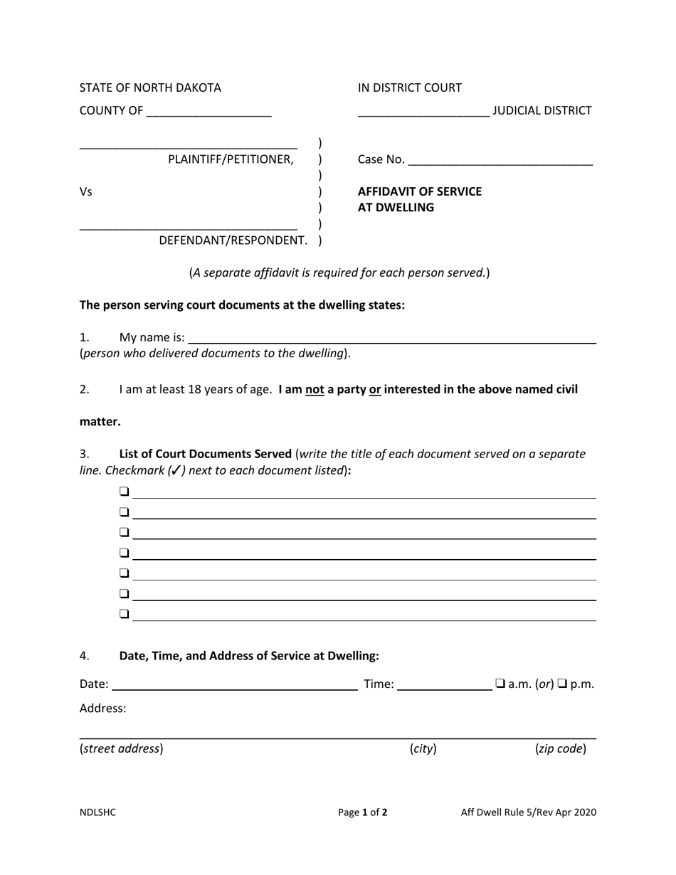 North Dakota Affidavit of Service at Dwelling - Fill Out, Sign Online ...