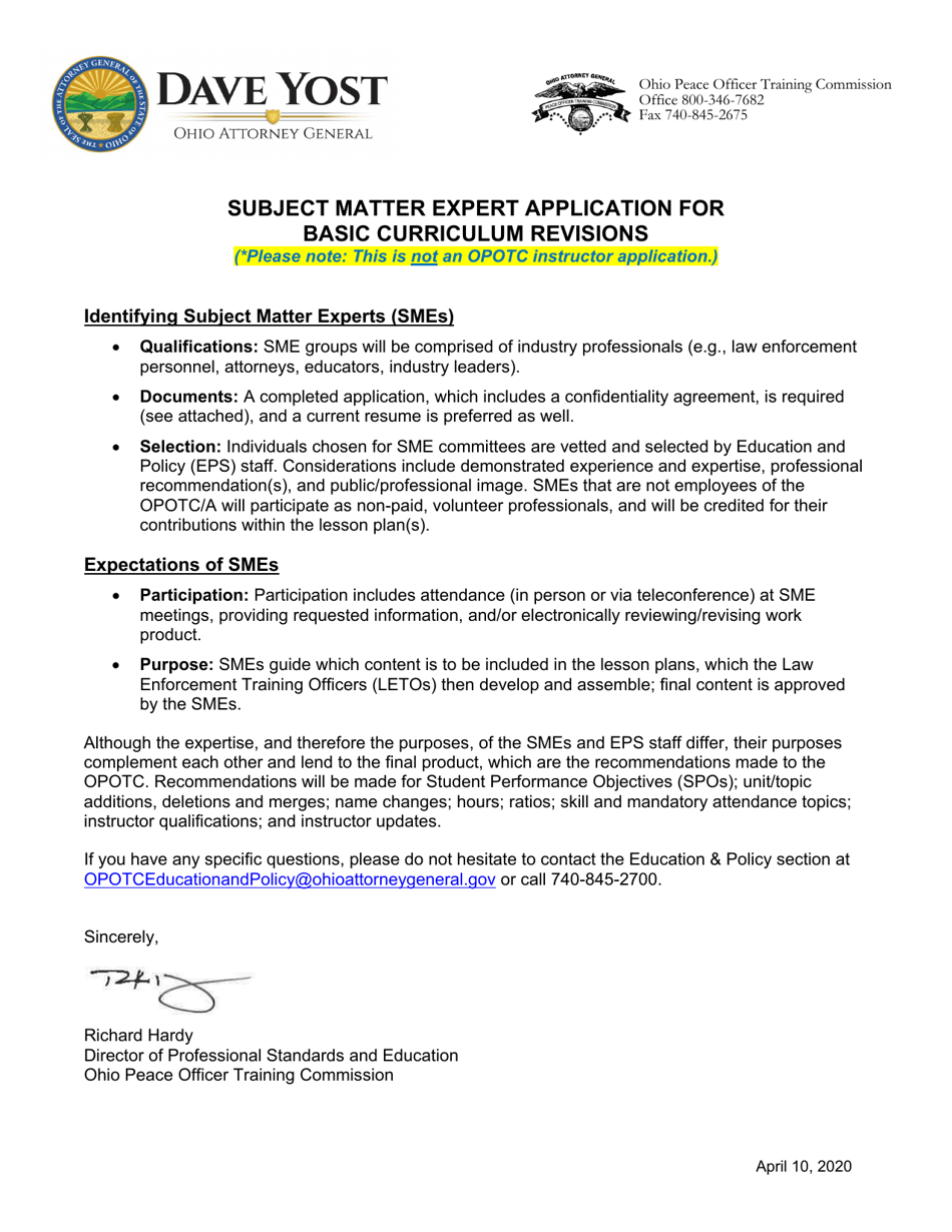 Ohio Subject Matter Expert Application Form - Peace Officer Basic ...