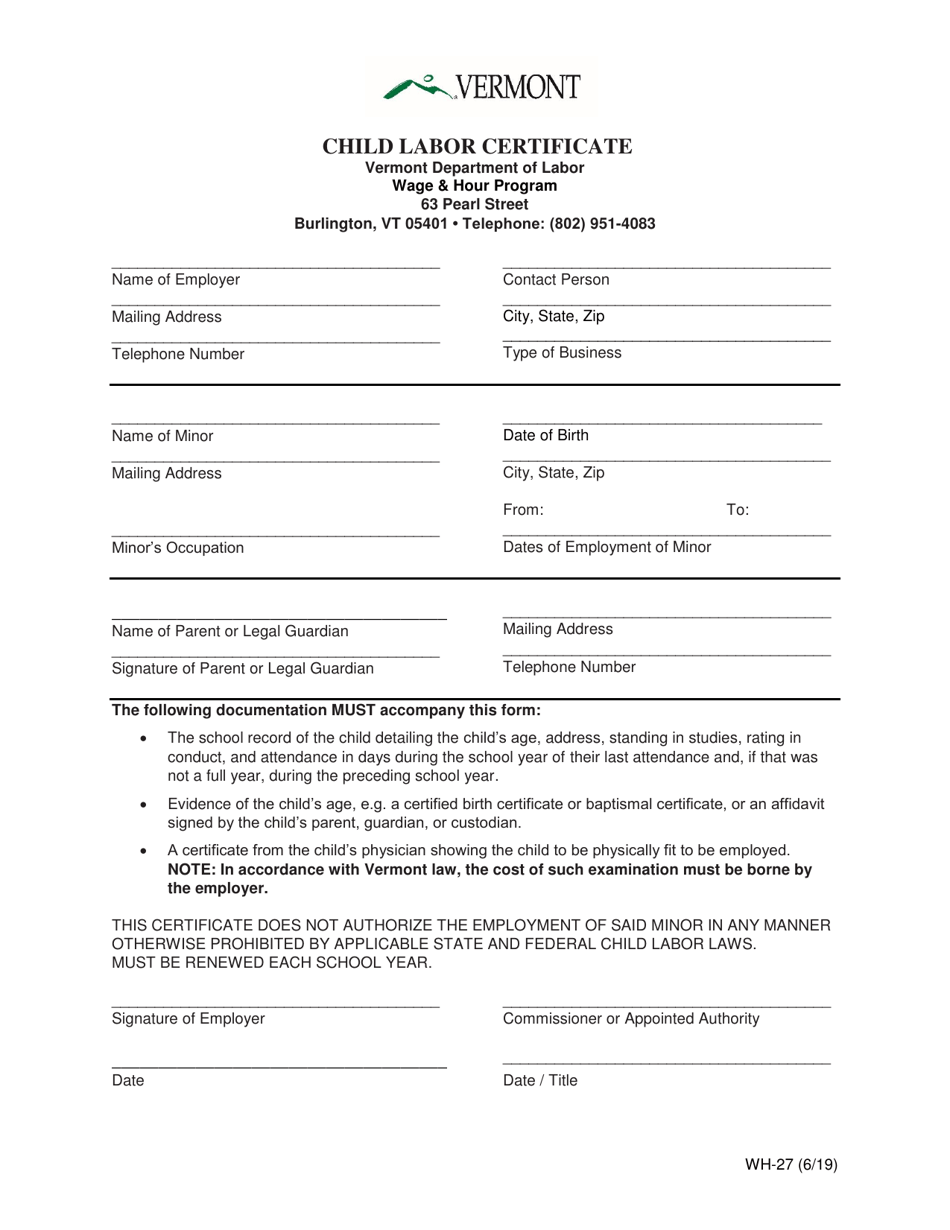 Form WH-27 - Fill Out, Sign Online and Download Printable PDF, Vermont ...