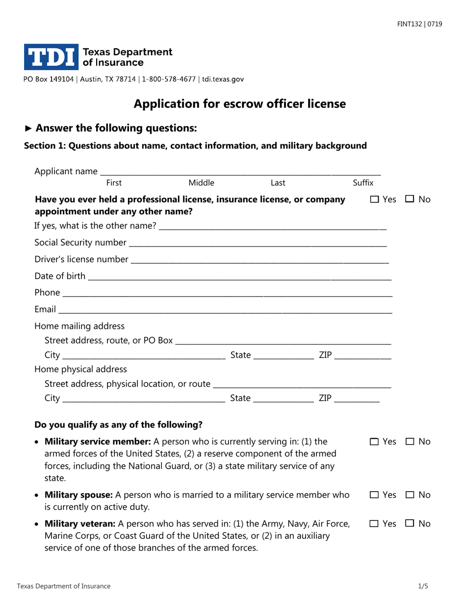 Form FINT132 - Fill Out, Sign Online and Download Fillable PDF, Texas ...