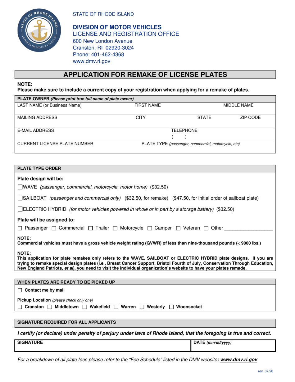 Rhode Island Application for Remake of License Plates - Fill Out, Sign ...