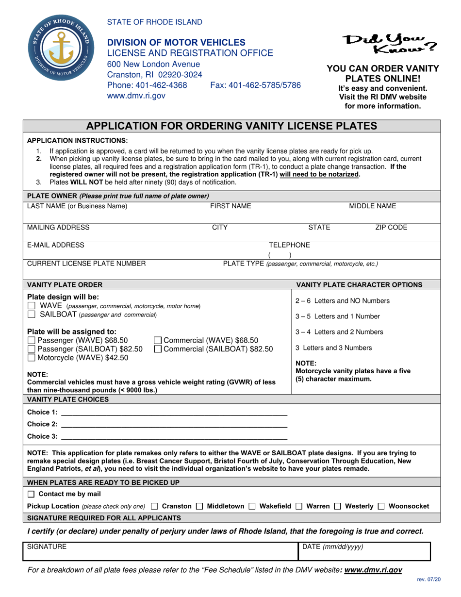 Rhode Island Application for Ordering Vanity License Plates - Fill Out ...