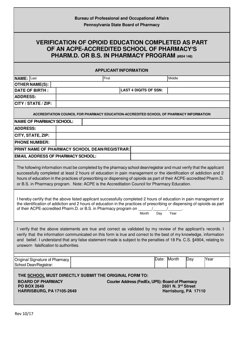 Pennsylvania Verification of Opioid Education Completed as Part of an ...