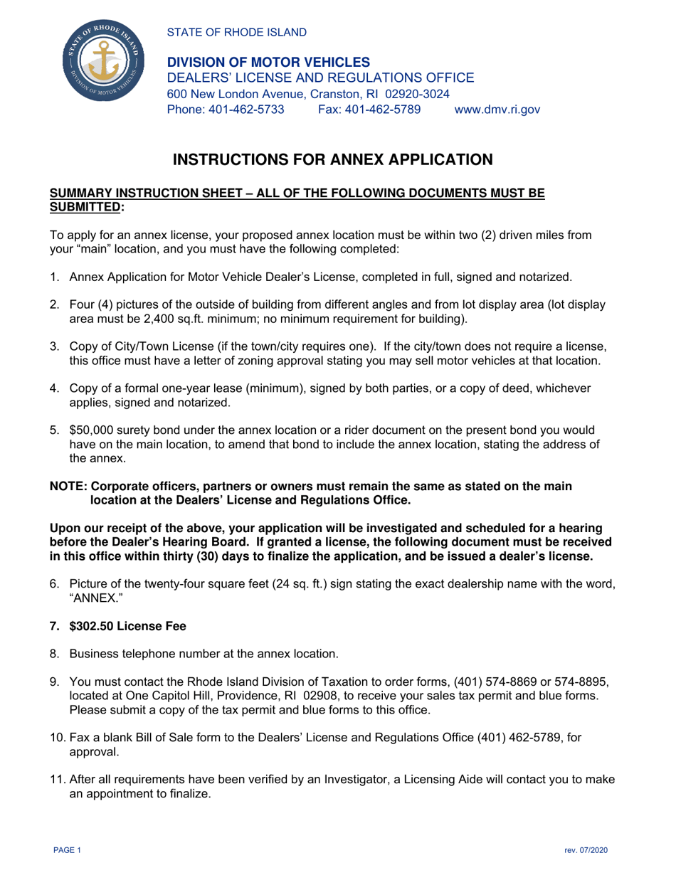 Rhode Island Annex Application for Motor Vehicle Dealer's License ...