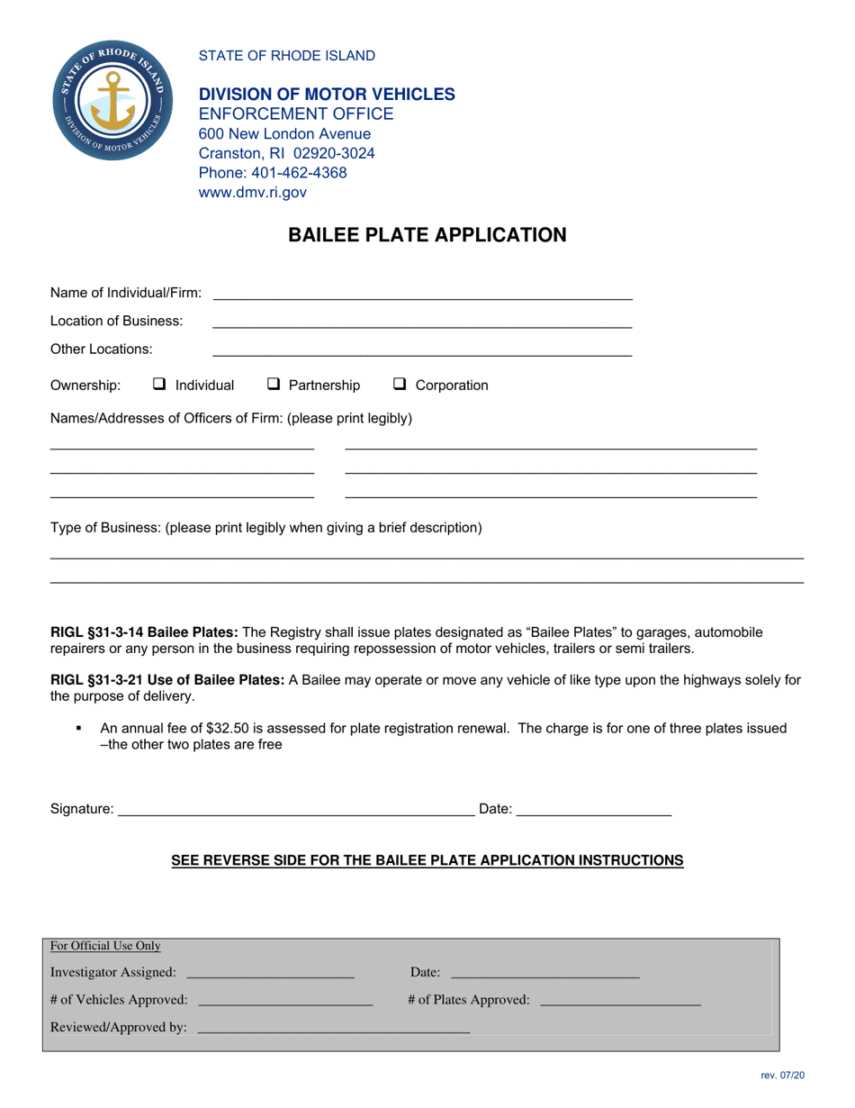 Rhode Island Bailee Plate Application Download Fillable PDF 2019 — 2025 ...