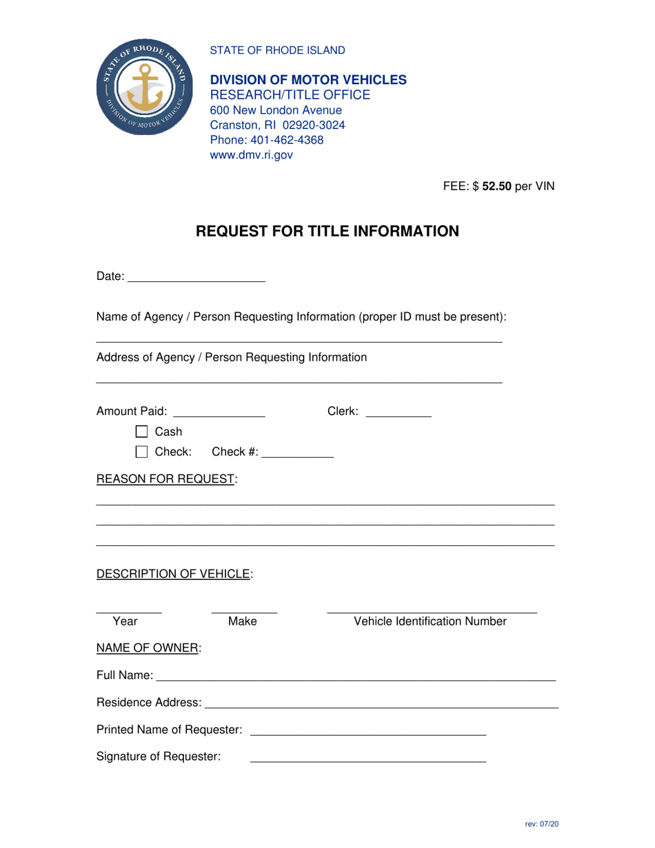 Rhode Island Request for Title Information Download Printable PDF 2019 ...