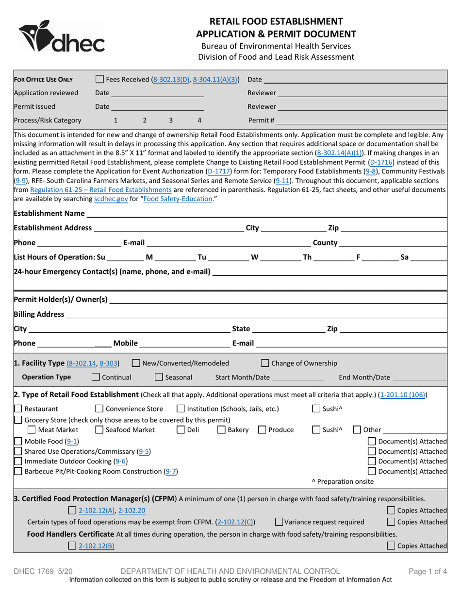 DHEC Form 1769 - Fill Out, Sign Online and Download Printable PDF ...