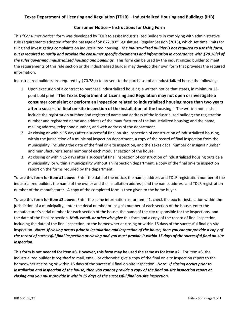 Form IHB600 - Fill Out, Sign Online and Download Fillable PDF, Texas ...