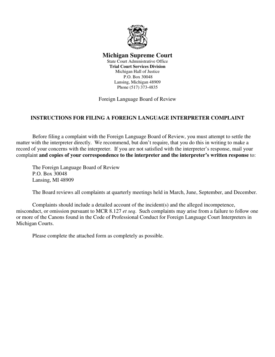 Michigan Foreign Language Interpreter Complaint - Fill Out, Sign Online ...