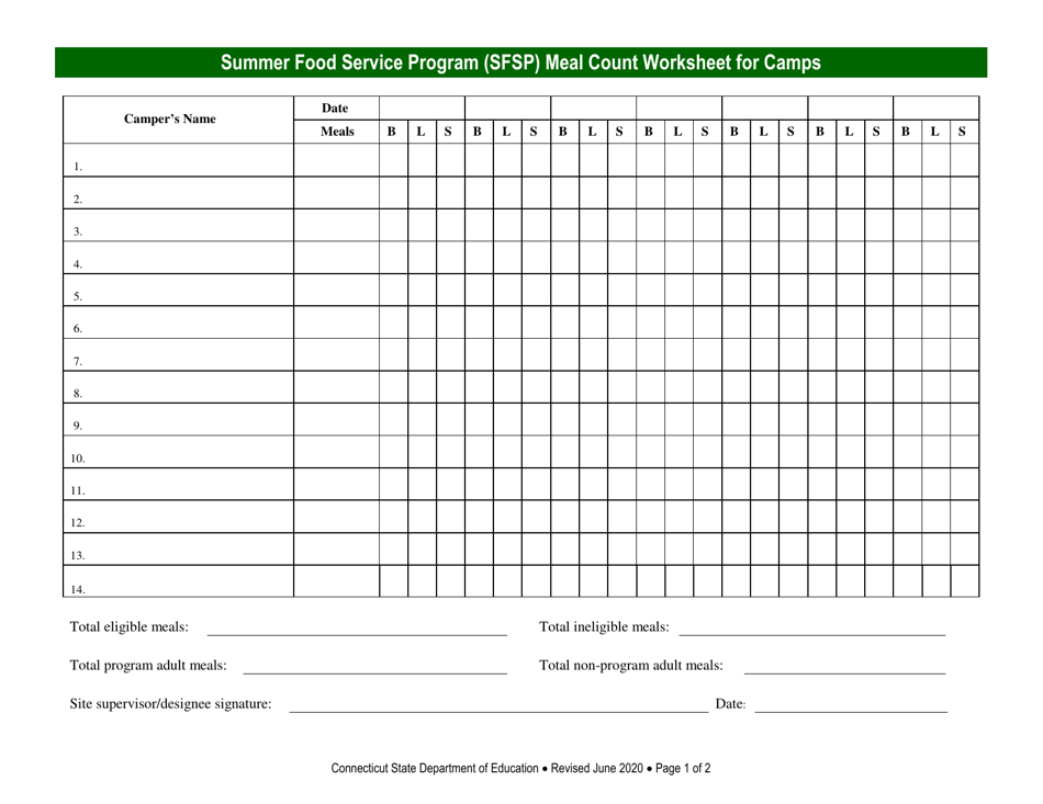 Connecticut Summer Food Service Program (Sfsp) Meal Count Worksheet for ...