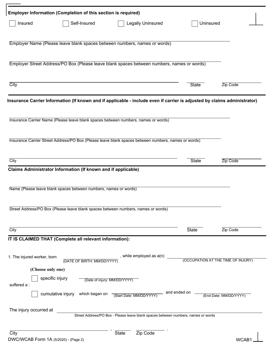 DWC/WCAB Form 1A Download Fillable PDF or Fill Online Application for ...