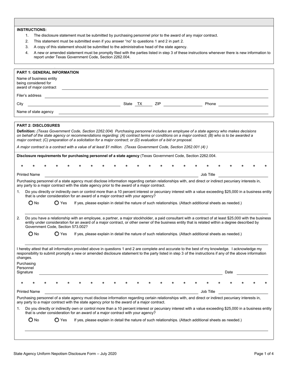 Texas State Agency Uniform Nepotism Disclosure Form - Fill Out, Sign ...
