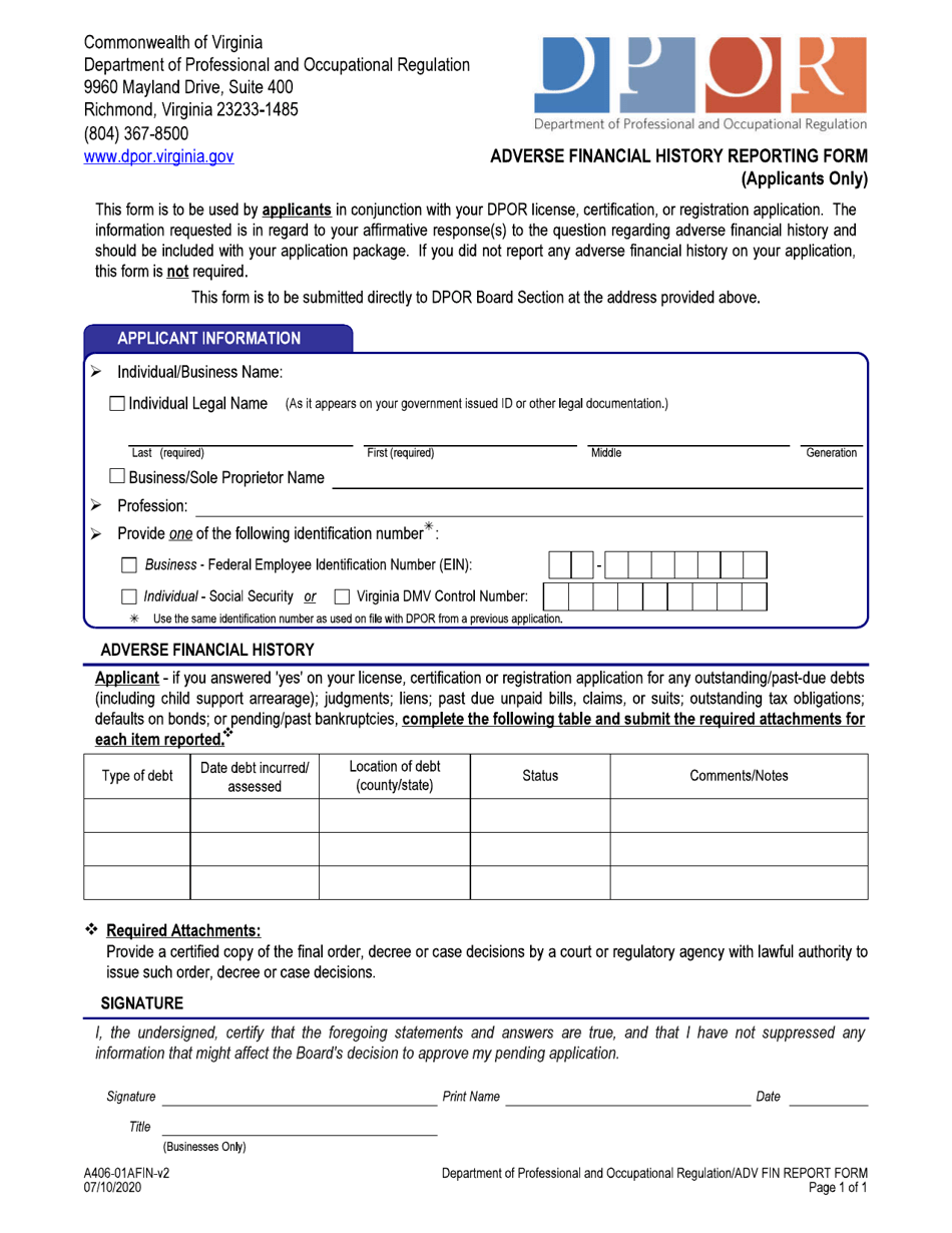 Form A406-01AFIN Download Fillable PDF or Fill Online Adverse Financial ...