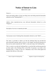 Notice of Intent to Lien Download Printable PDF | Templateroller