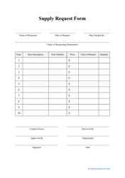 Supply Request Form Download Printable PDF | Templateroller
