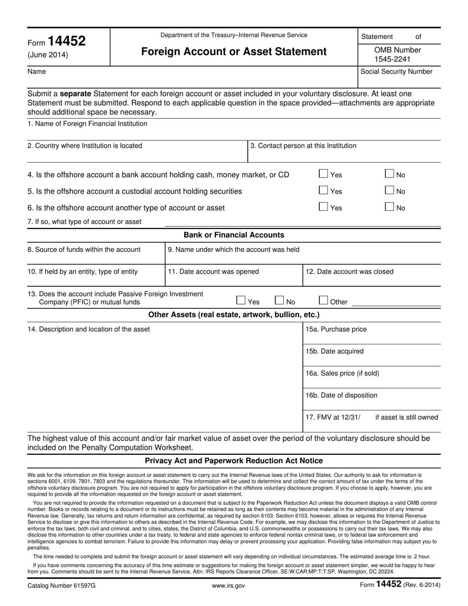 IRS Form 14452 Download Fillable PDF or Fill Online Foreign Account or ...