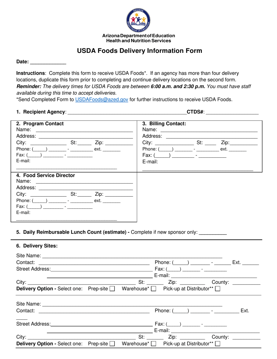 Arizona Usda Foods Delivery Information Form - Fill Out, Sign Online ...