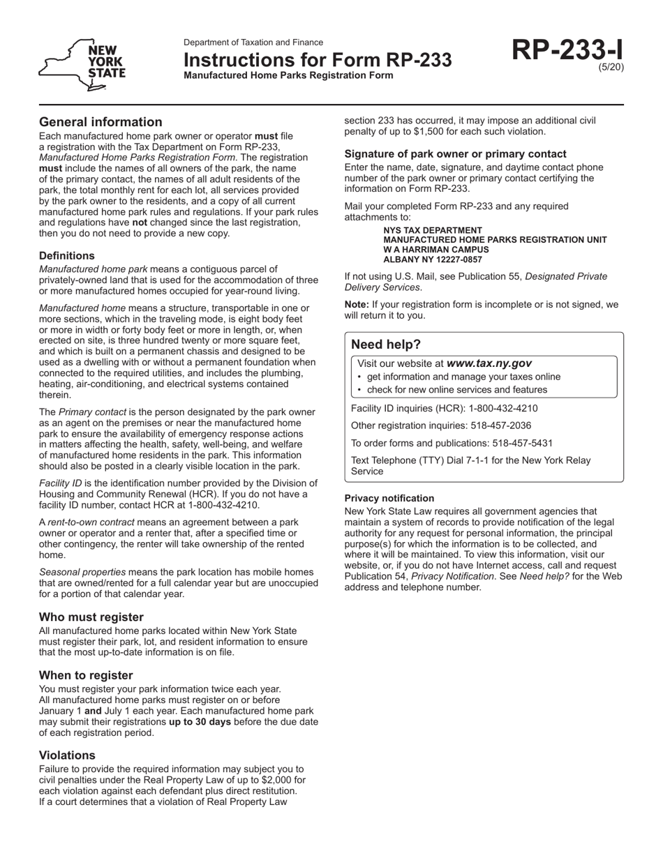 Download Instructions for Form RP-233 Manufactured Home Parks ...