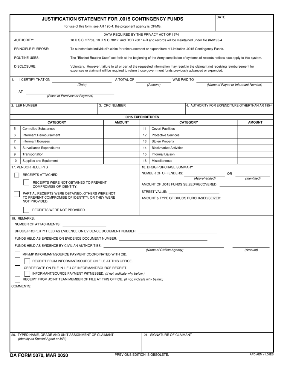 DA Form 5070 Download Fillable PDF or Fill Online Justification ...