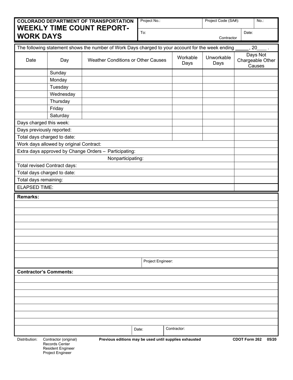 CDOT Form 262 Download Fillable PDF or Fill Online Weekly Time Count ...
