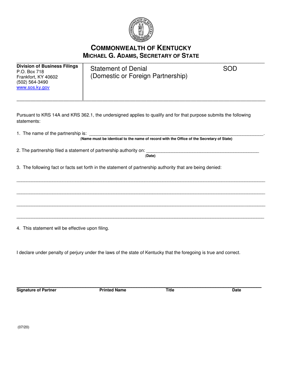 Form SOD Download Fillable PDF or Fill Online Statement of Denial ...