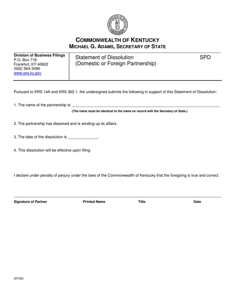 Form SPD Download Fillable PDF or Fill Online Statement of Dissolution ...
