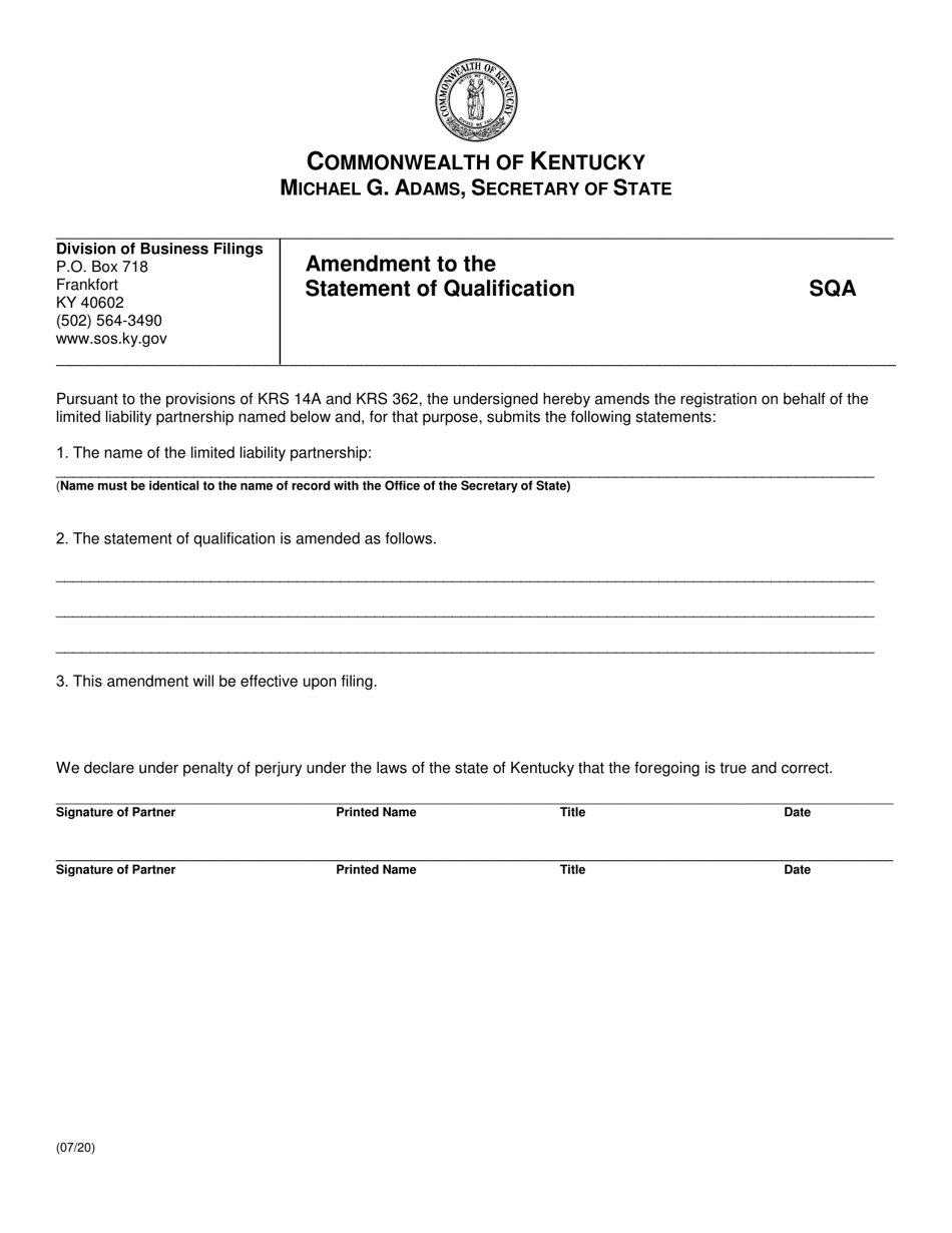 Form SQA - Fill Out, Sign Online and Download Fillable PDF, Kentucky ...