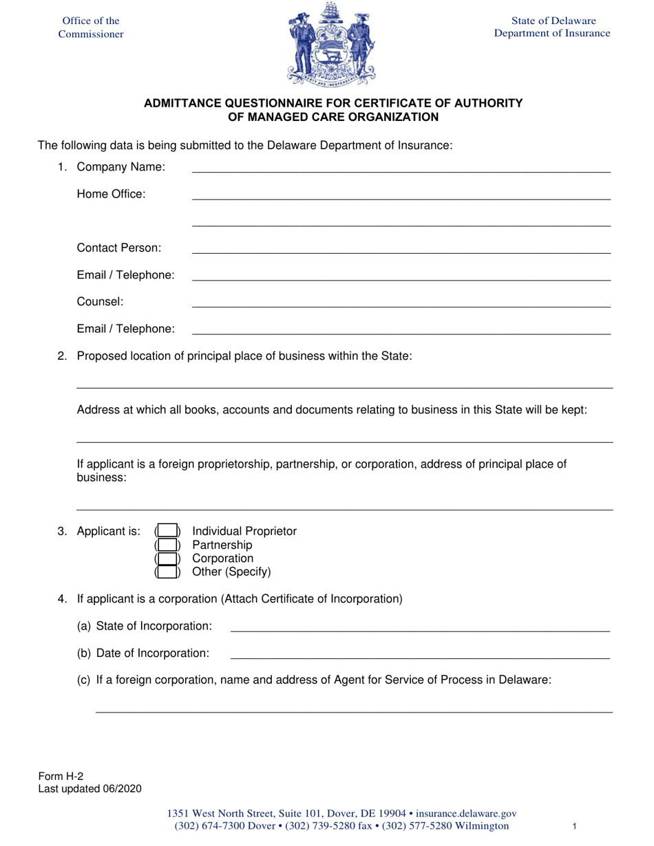 Form H-2 Download Fillable PDF or Fill Online Admittance Questionnaire ...