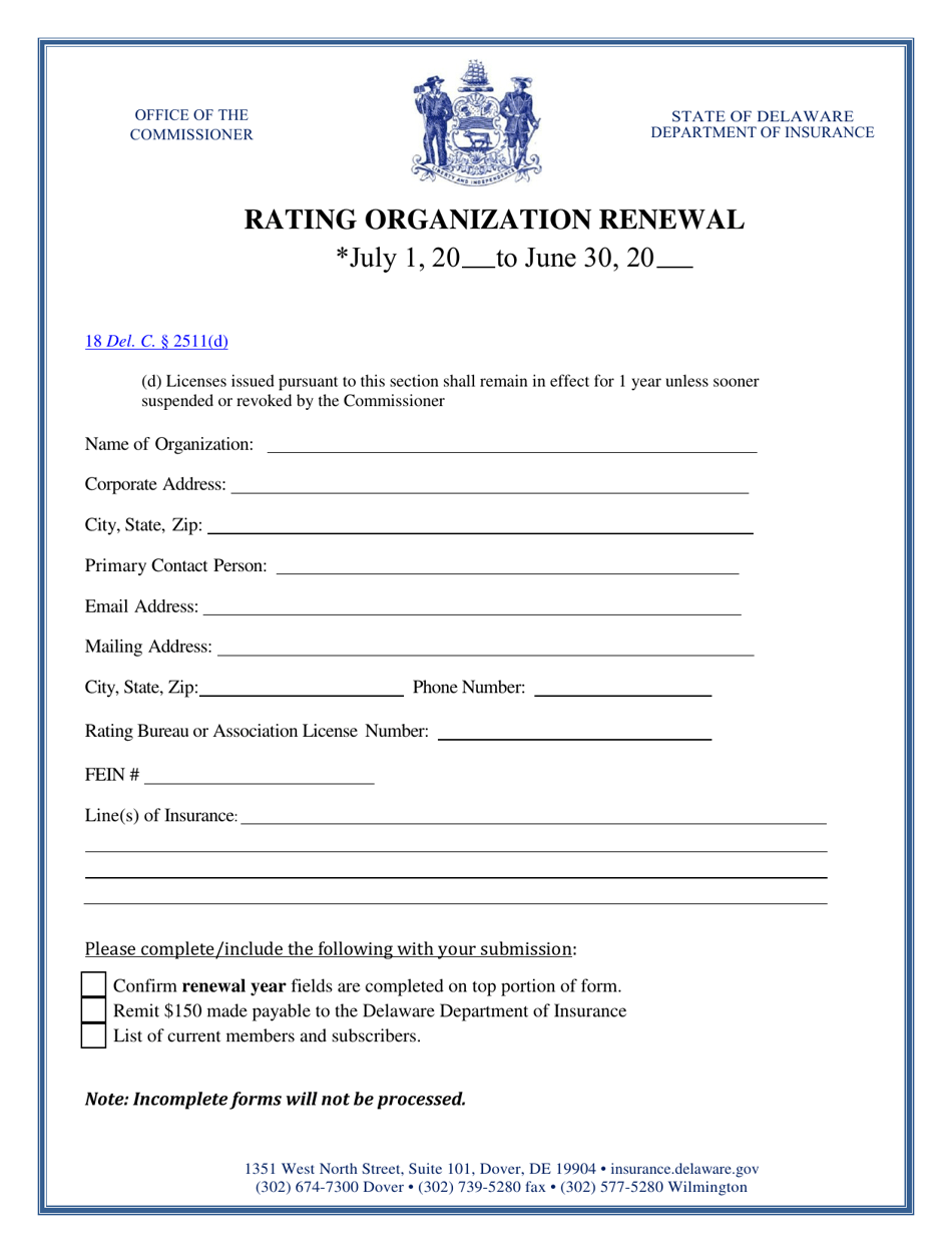 Delaware Rating Organization Renewal - Fill Out, Sign Online and ...