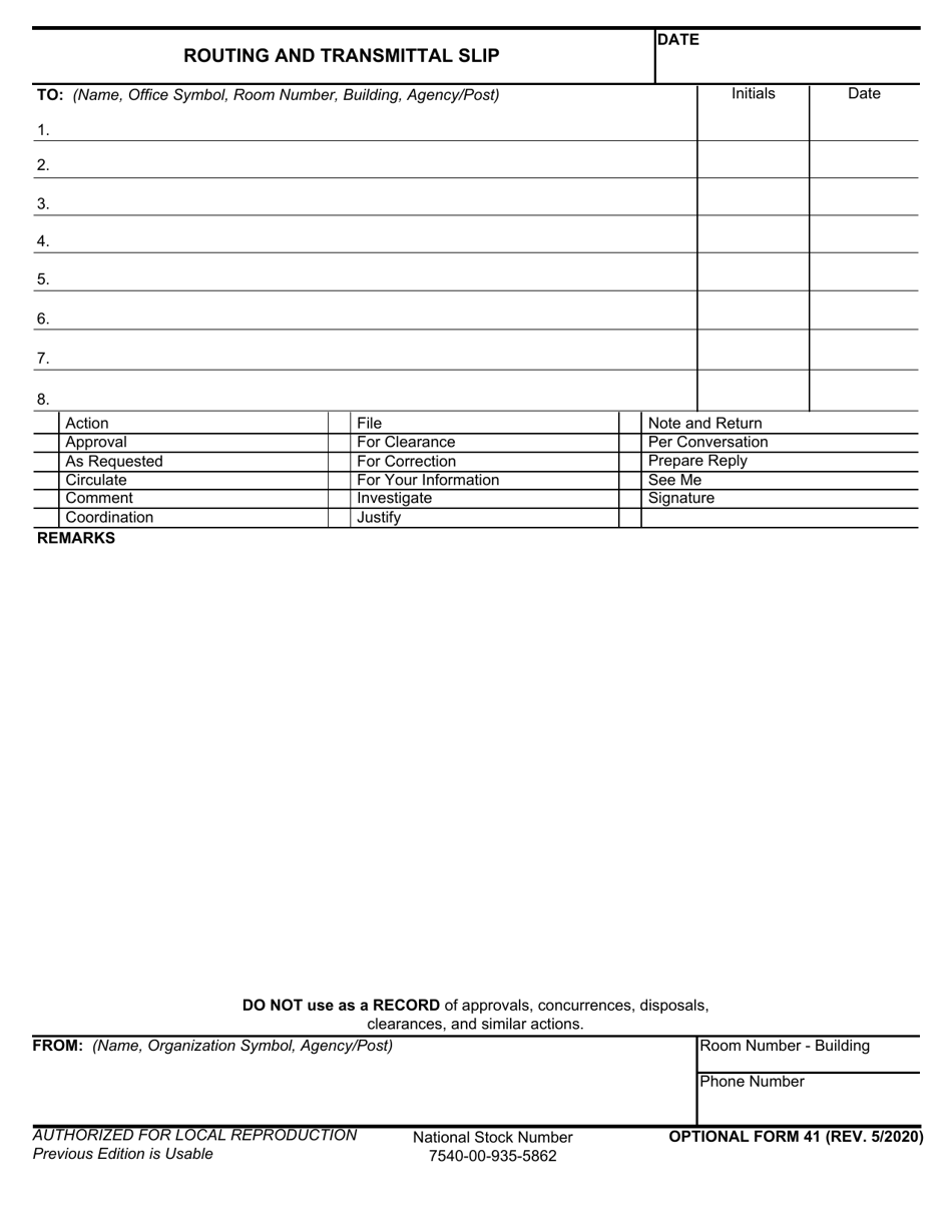 Optional Form 41 Download Fillable PDF or Fill Online Routing and ...