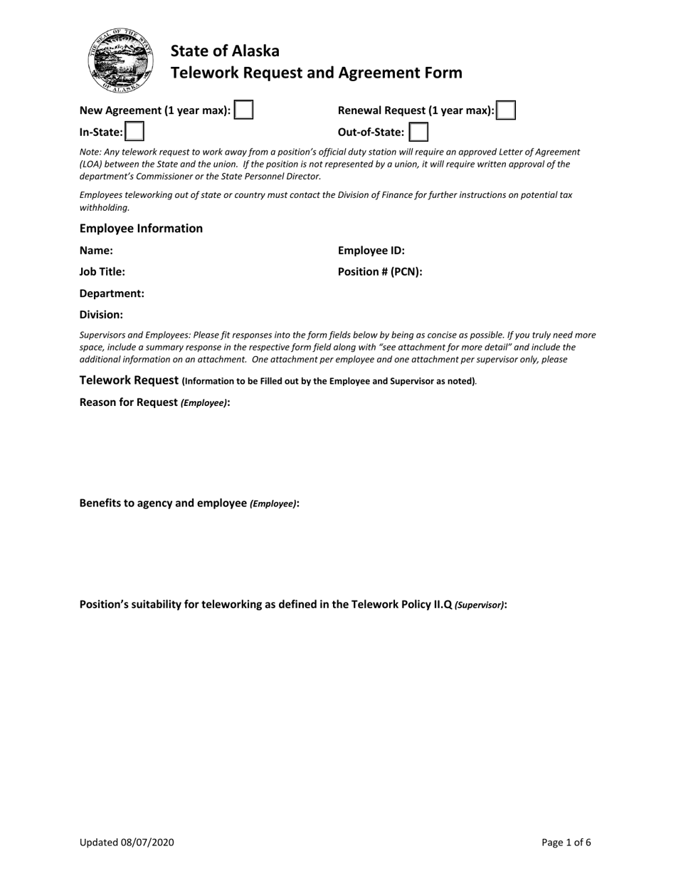 Alaska Telework Request and Agreement Form - Fill Out, Sign Online and ...