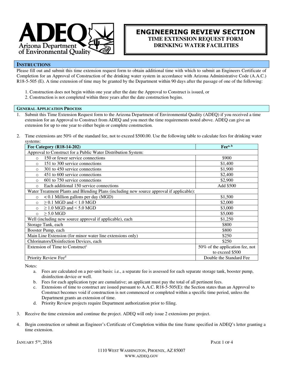 Arizona Drinking Water Facility Time Extension Request Form - Fill Out ...