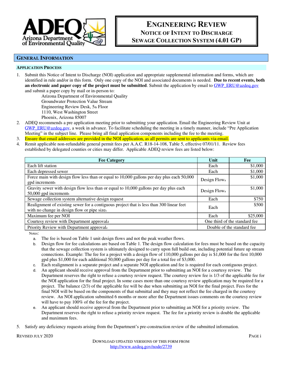 Arizona Engineering Review Notice of Intent to Discharge Sewage ...